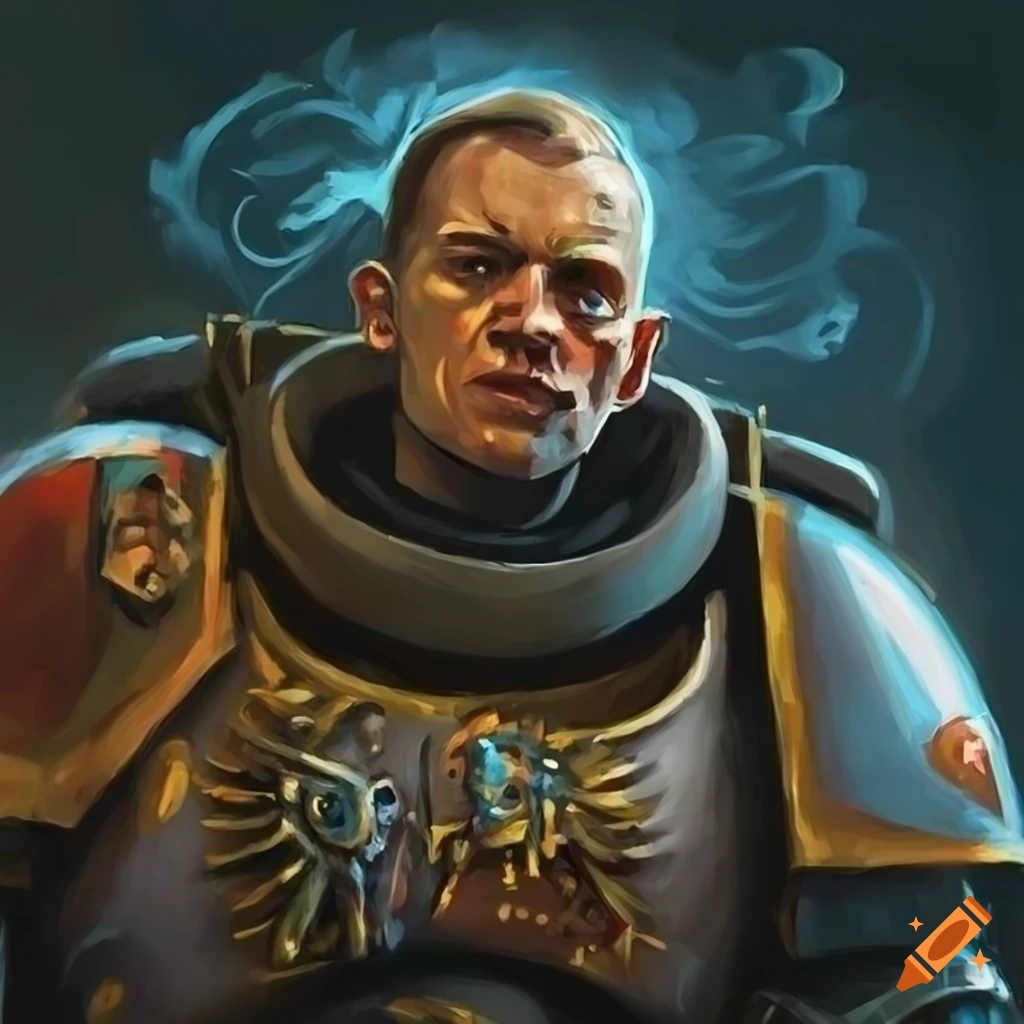 Portrait headshot of a space marine from Warhammer 40k in Aleksander Rostov's painterly style on ...