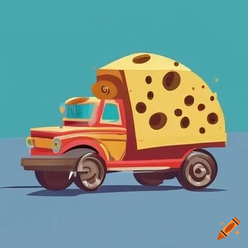 Cheese-wheeled truck driving through the countryside on Craiyon
