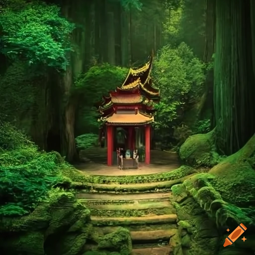 Chinese temple in an enchanted forest surrounded by lush greenery ...