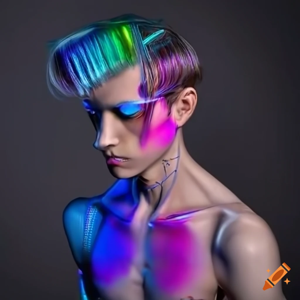 Colorful gemstone cyborg with tesla coils and optical fiber hair on Craiyon