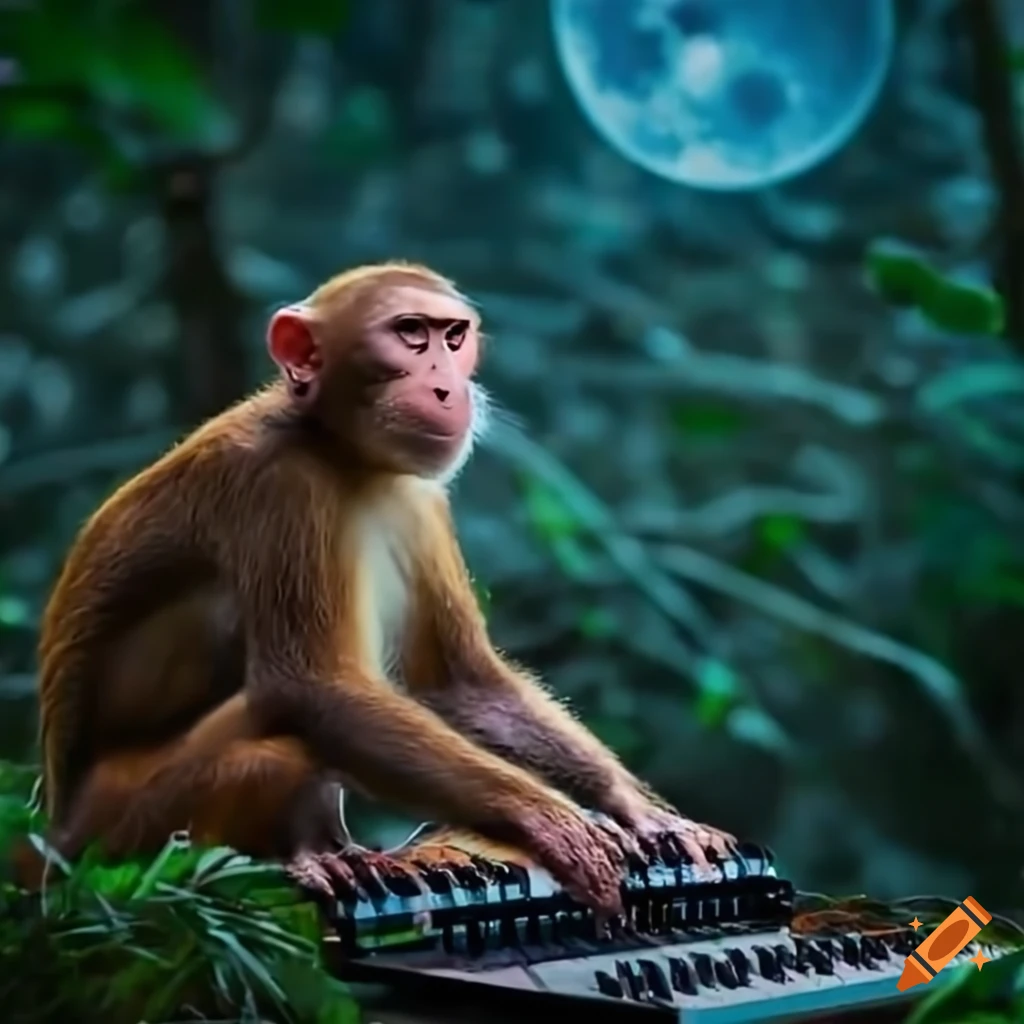 Monkey playing electric piano and modular synth in a forest on the moon ...