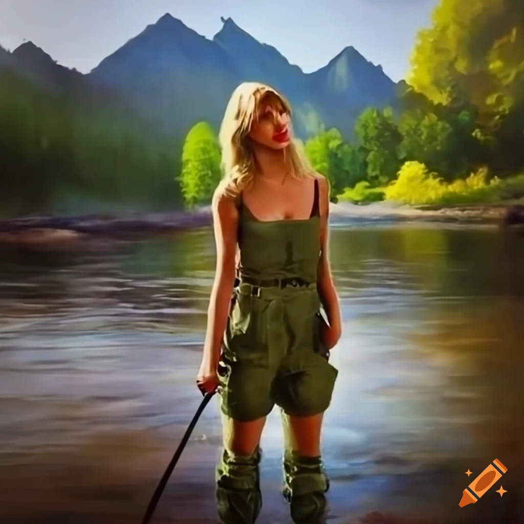 Taylor Swift standing in a North American river with mountains in the ...