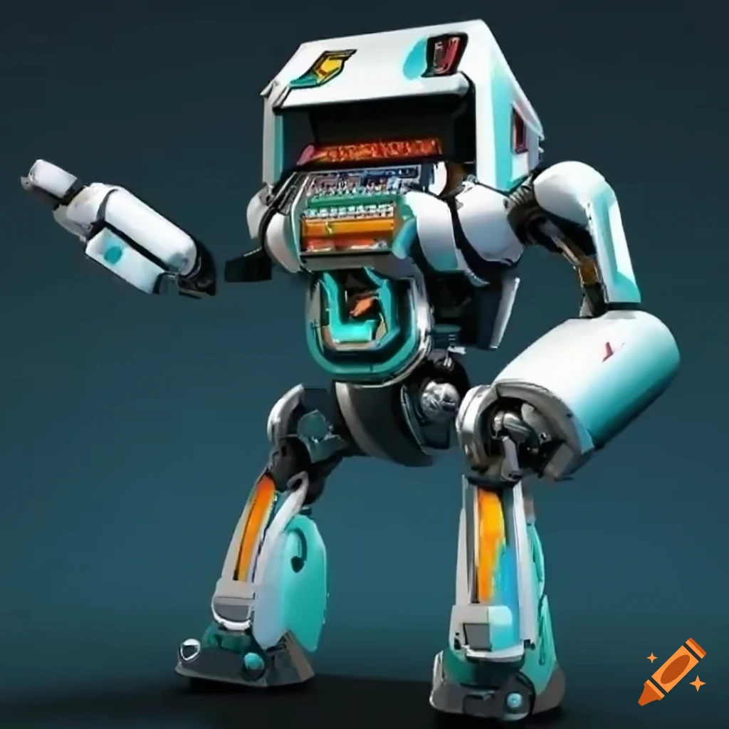 Robot mascot with mech-like limbs on an arcade machine on Craiyon
