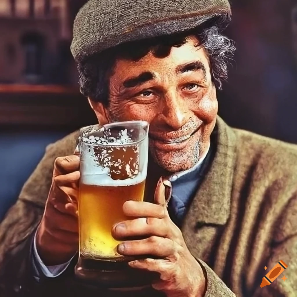 Lieutenant columbo enjoying a pint in a british pub on Craiyon