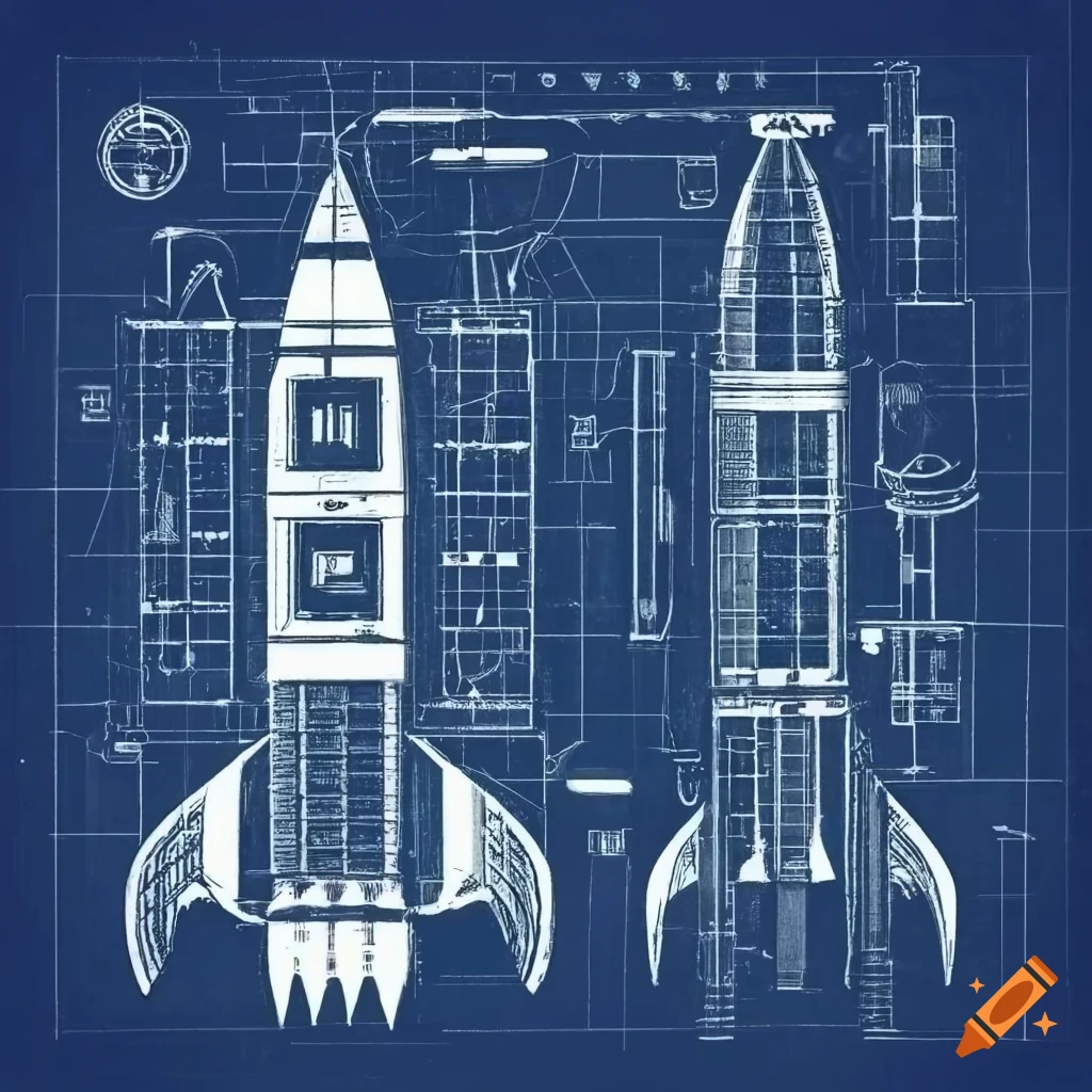 Vintage blueprint schematic of 1960s style rocket on Craiyon