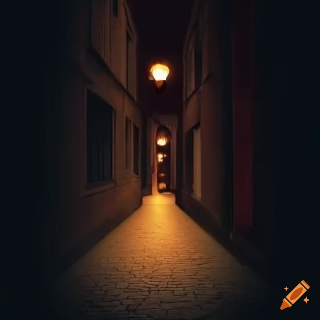 Dark pathway with flickering lamp post and walls on Craiyon