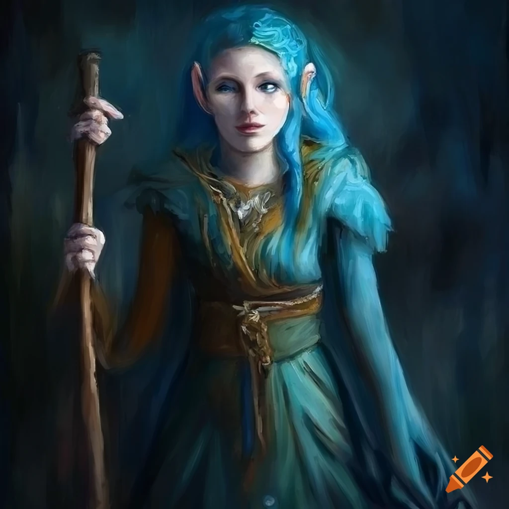 High fantasy elf with blue hair and staff in a winter landscape on Craiyon