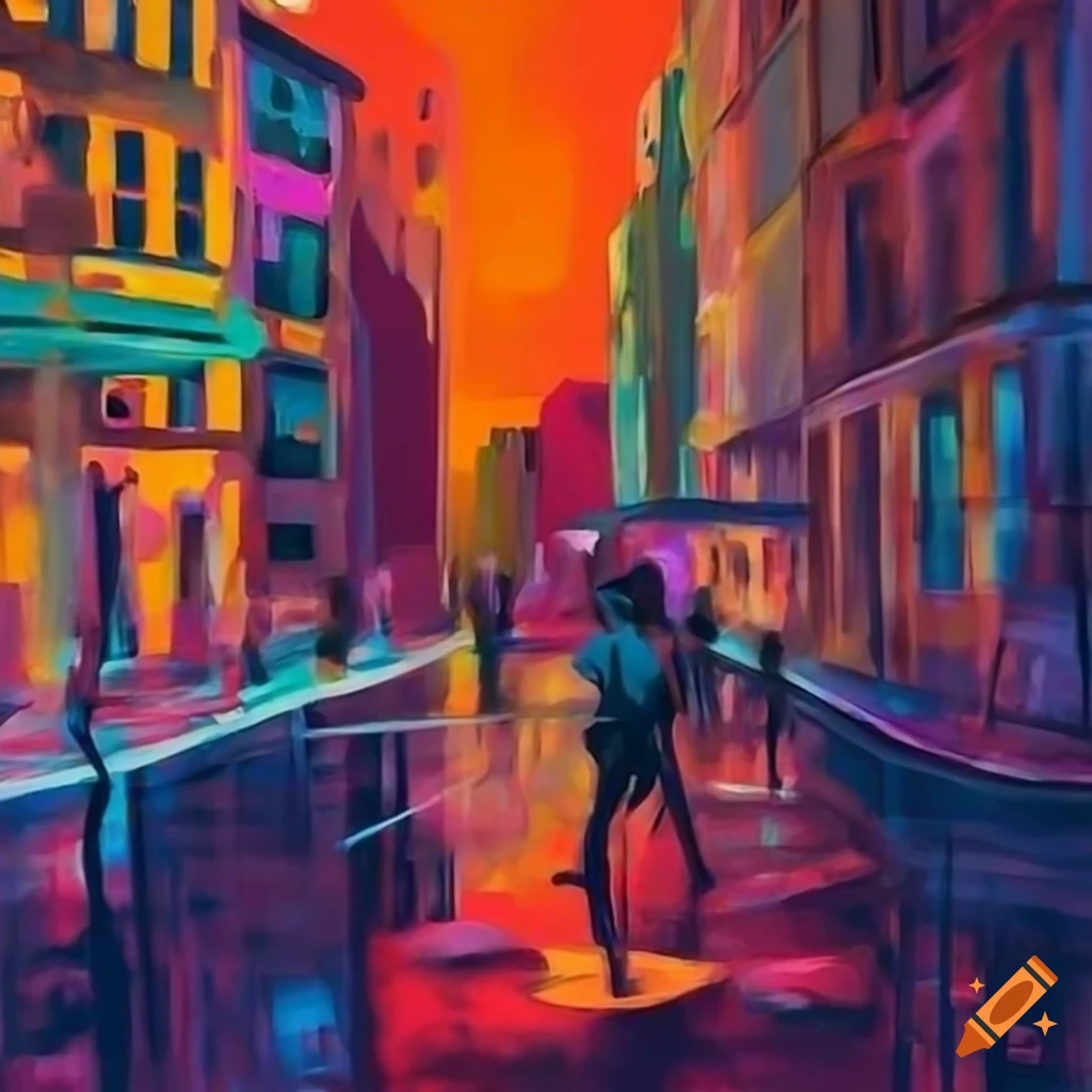 Cityscape with melting people on the street in a minimalistic style on ...