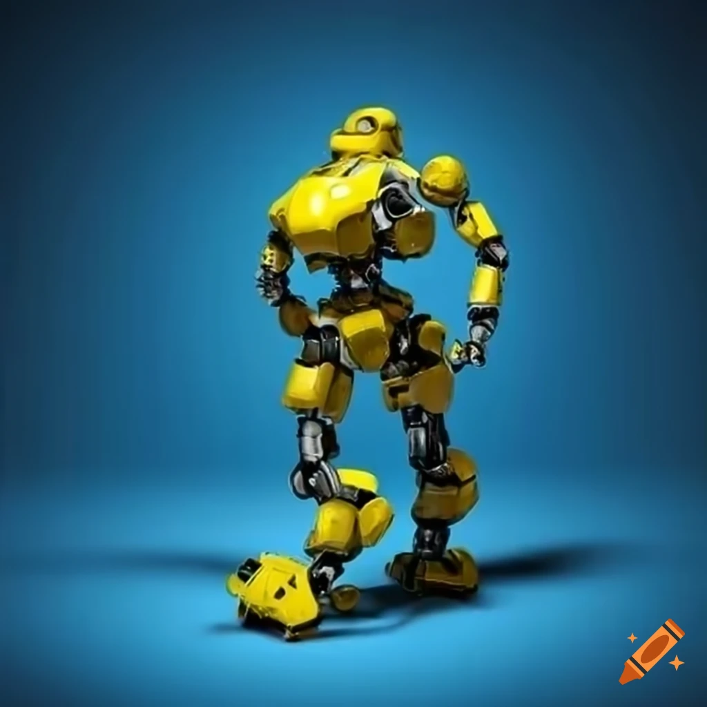 Vibrant yellow robot mech on light blue background on Craiyon