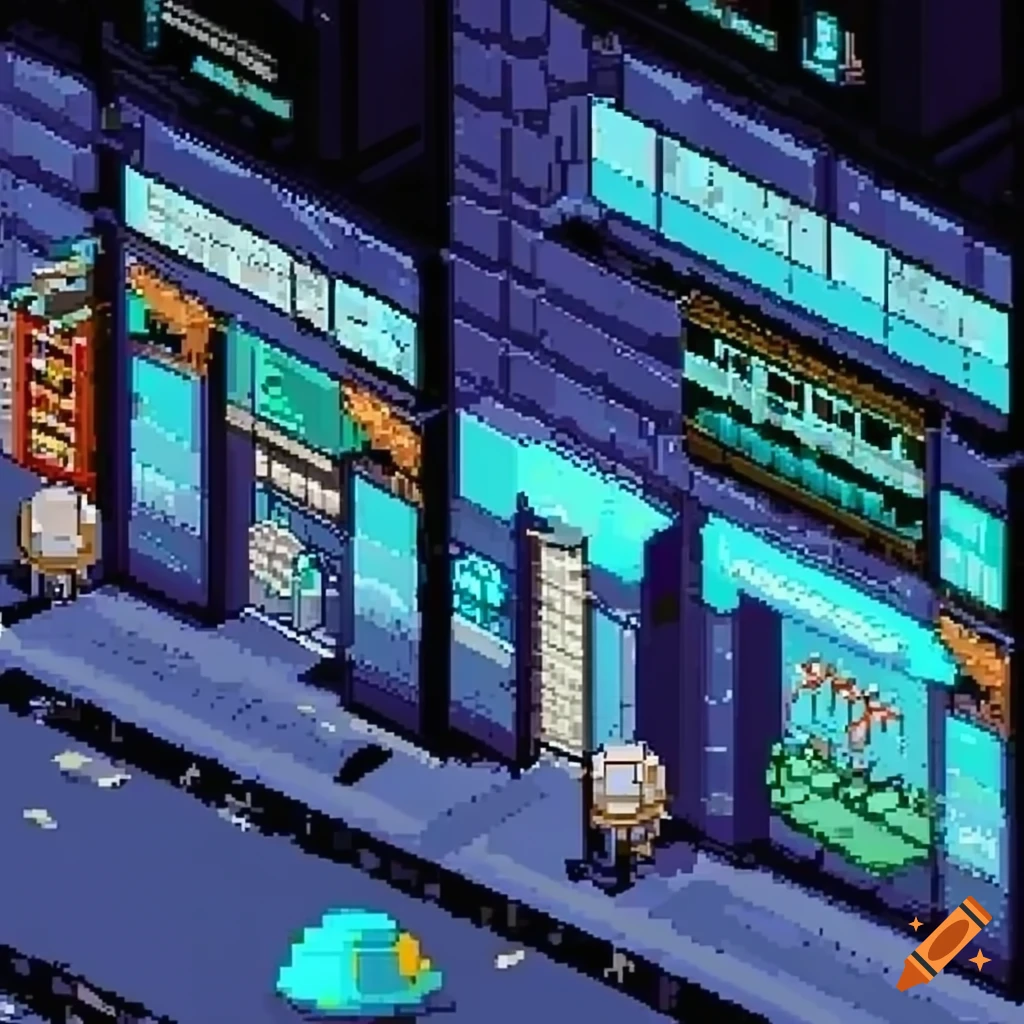 Isometric 70s sci-fi pixel art game city streets on Craiyon