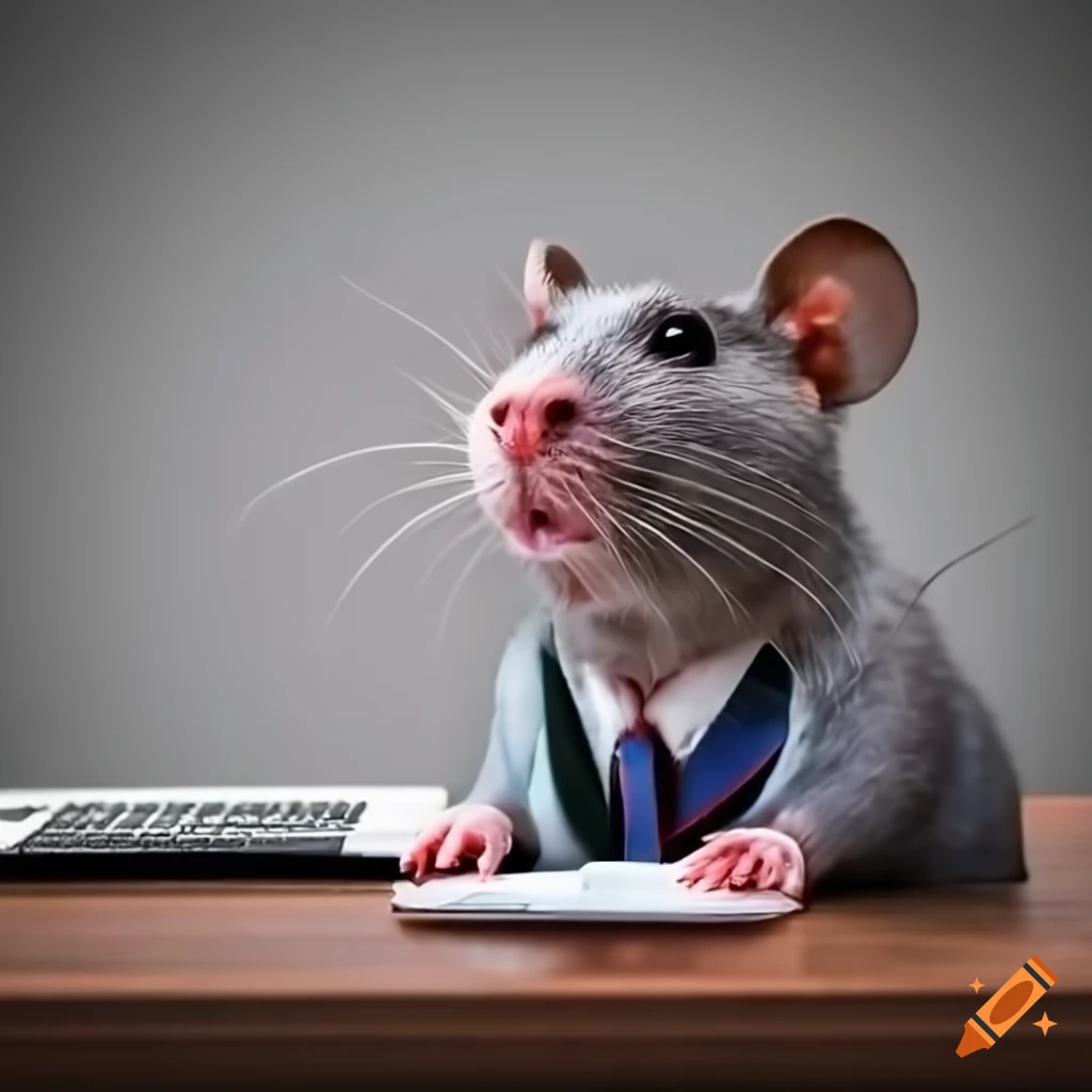 Cute rat in suit and tie working at a desk on Craiyon