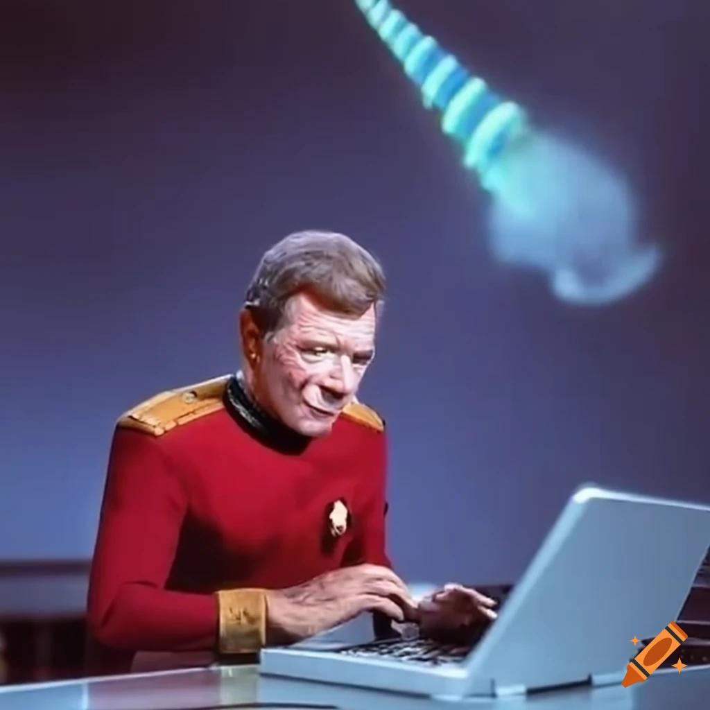 Captain kirk riding a space unicorn and programming on a laptop on Craiyon