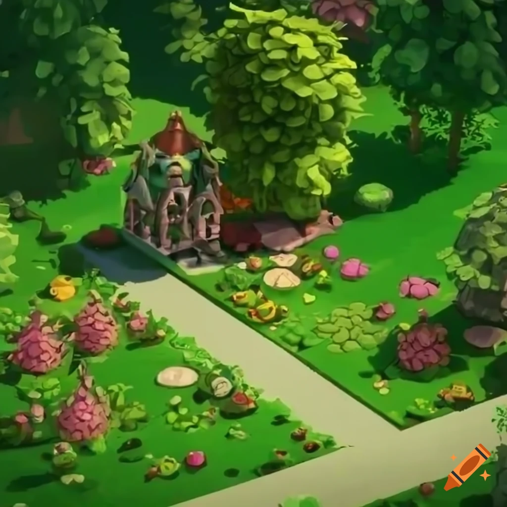 Beautiful garden in a realistic isometric role-playing game on Craiyon
