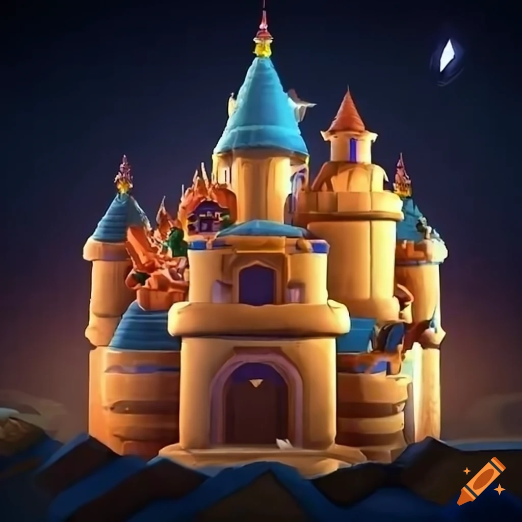 Detailed view of bowser's kingdom castle from super mario bros on Craiyon