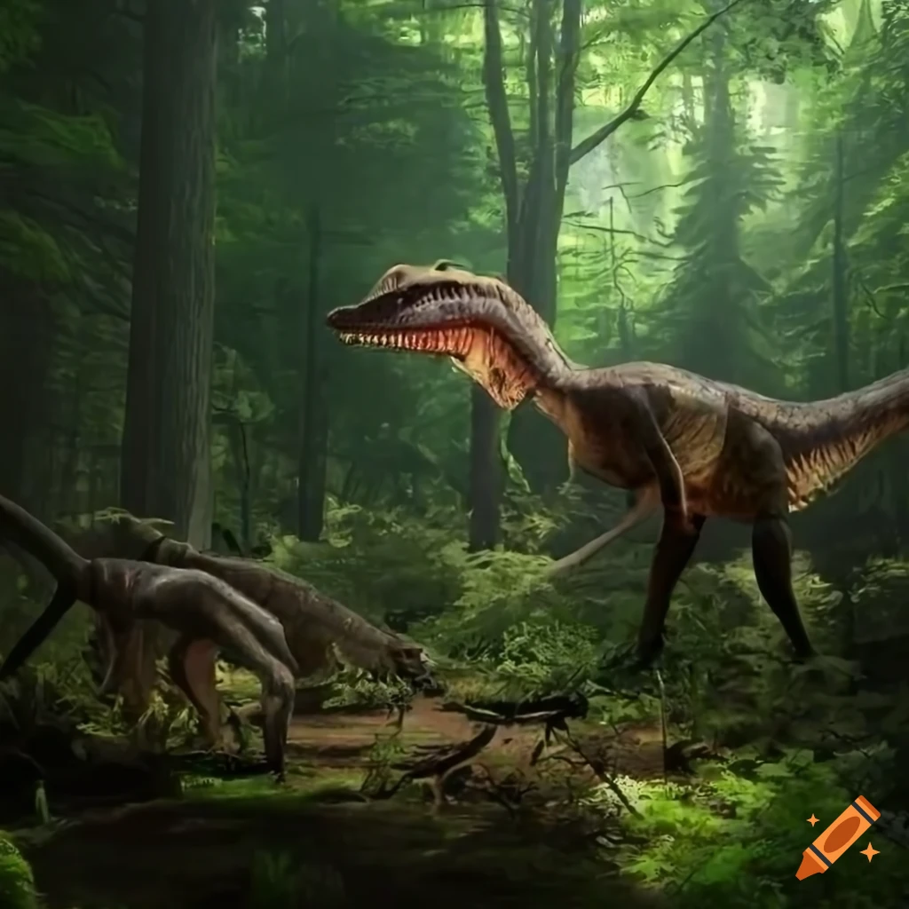 Detailed Dilophosaurus with dead dinosaur prey in a cedar forest ...