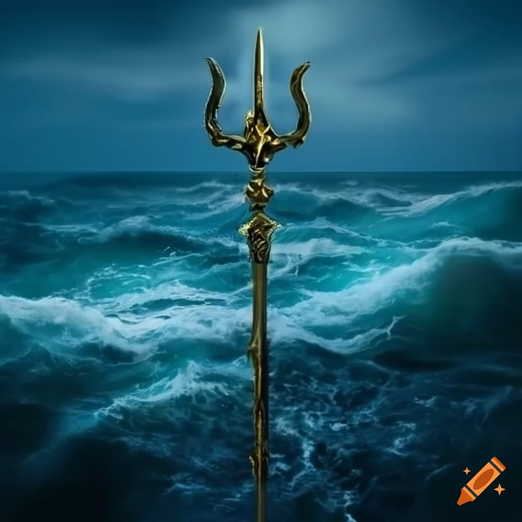 Detailed and golden trident in a stormy sea backdrop on Craiyon