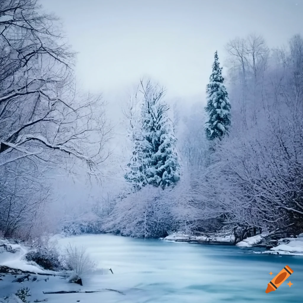 Snow-covered trees near a river on Craiyon