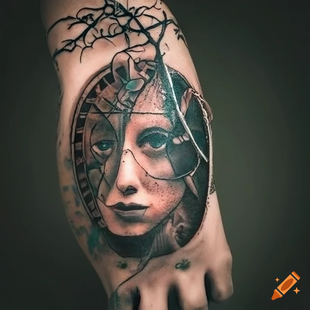 Surreal hand tattoo of a clock among tree branches with abstract leaves ...