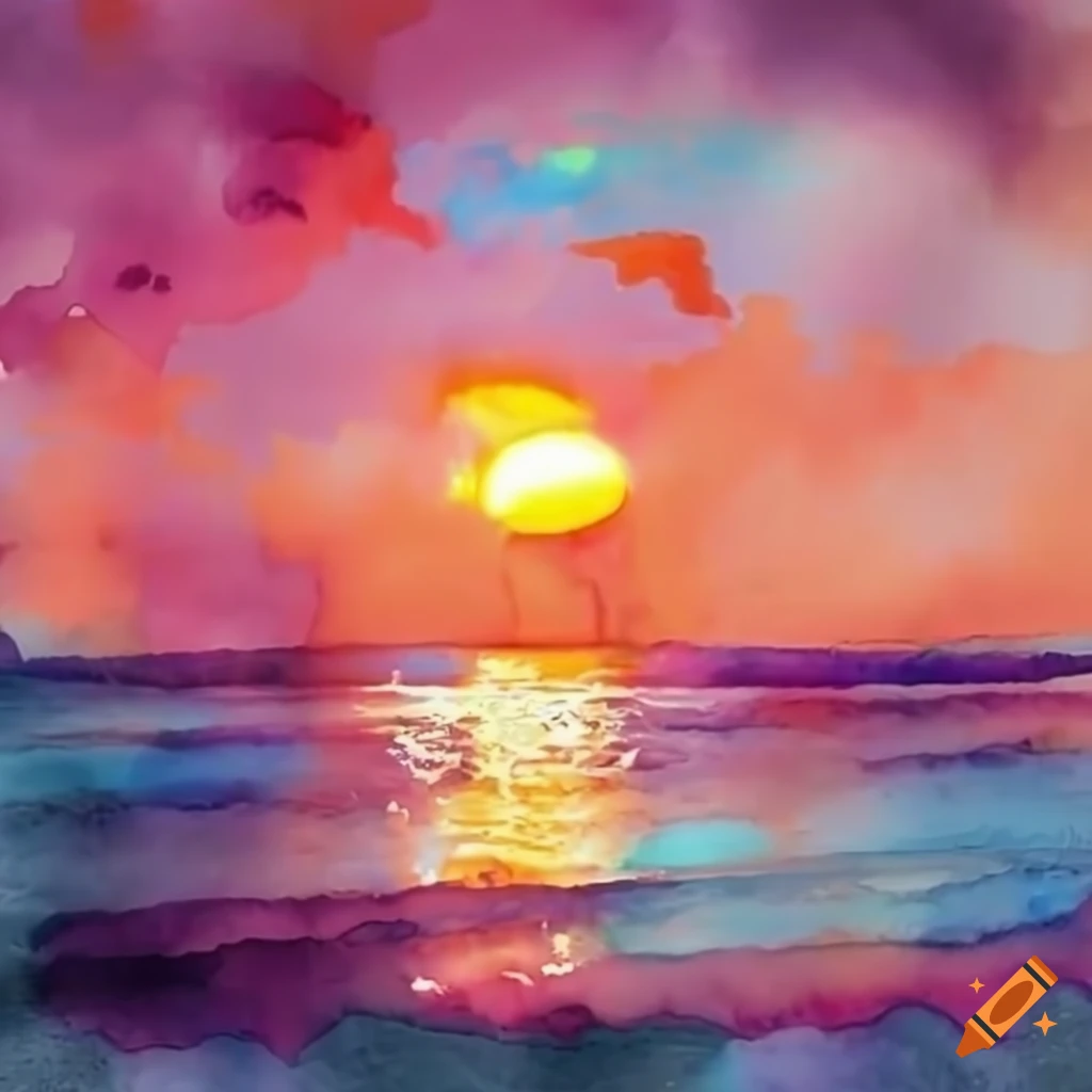 Beach with pink and orange sunset and a vision board with words 'pure ...