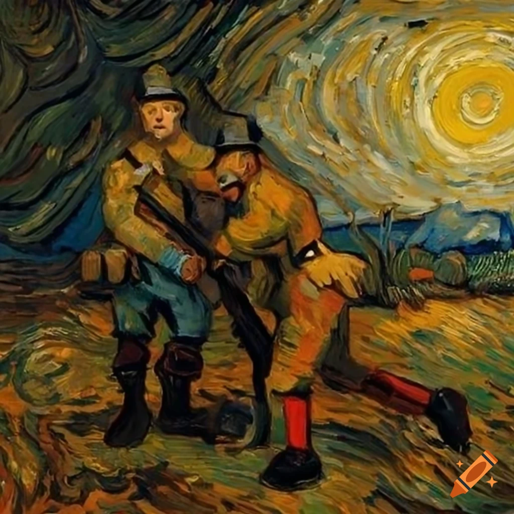 Oil painting of soldiers fighting in the style of van gogh on Craiyon