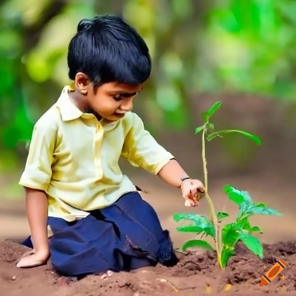 Two kindergarten kids planting a sapling on Craiyon