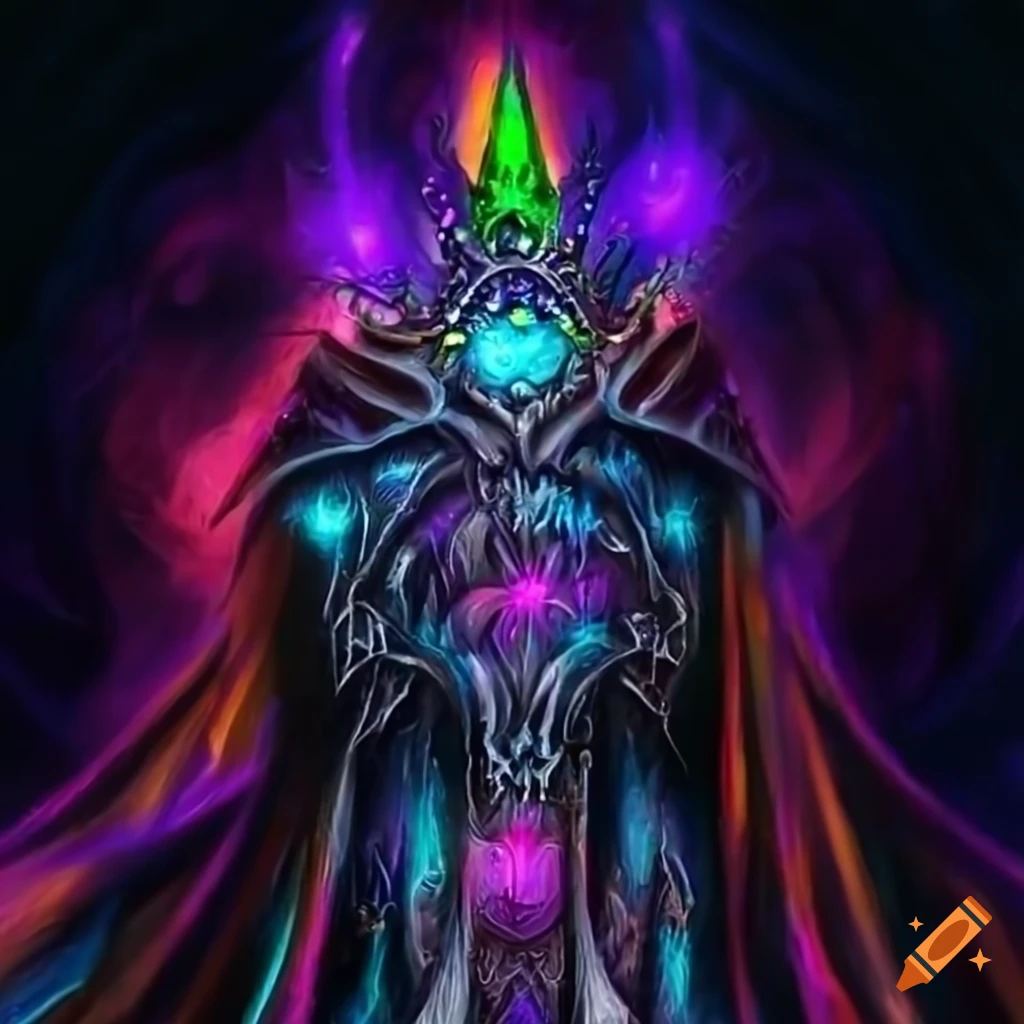 Lich king arthas with purple glowing eyes and a crown made of red ice ...