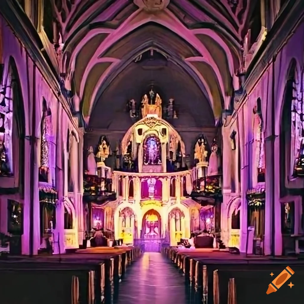 Dreamy white church-like interior with beautiful art prints on the ...