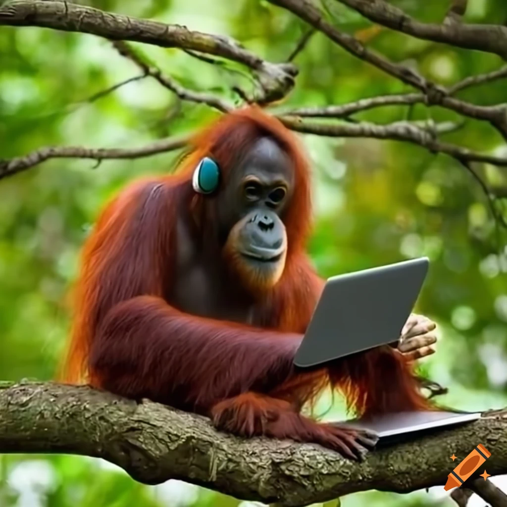 Orangutan with a laptop wearing a headset in a tree on Craiyon