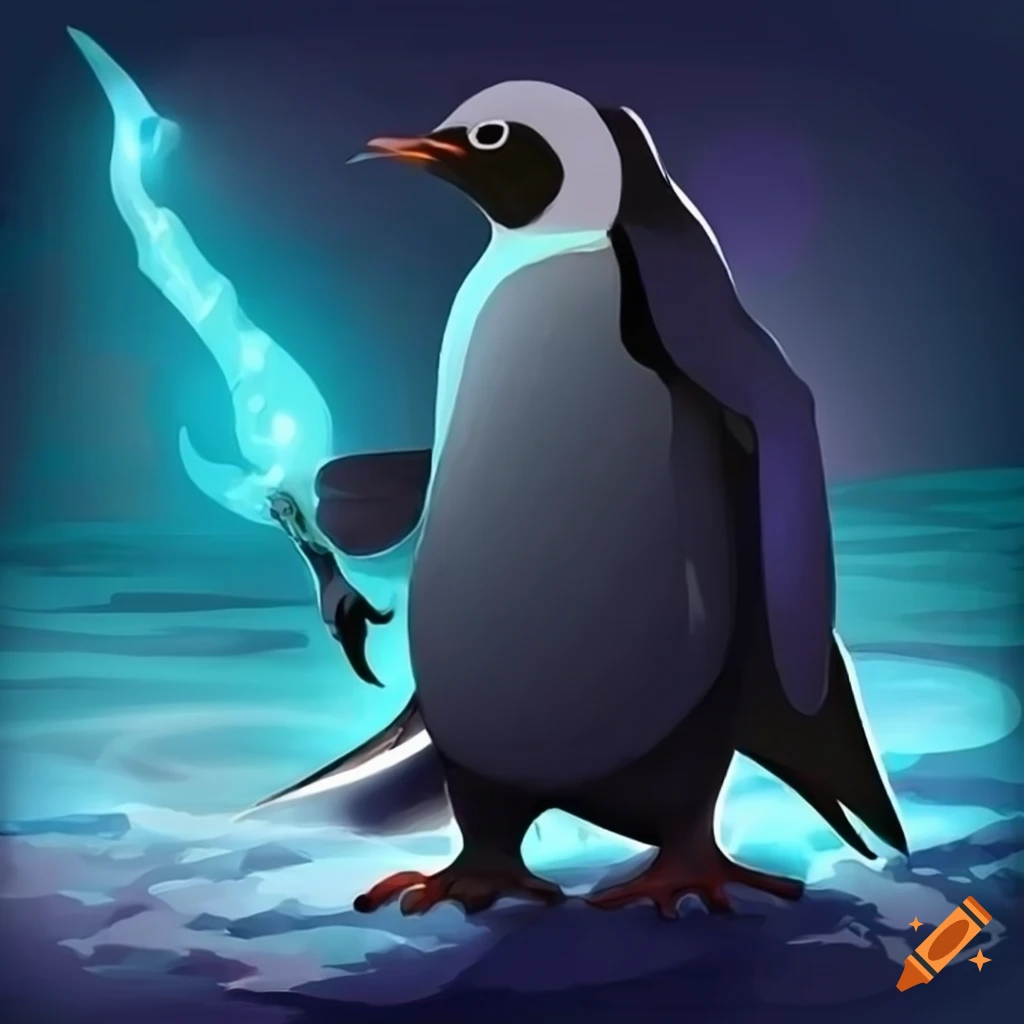 Fantasy penguin holding a sword and magic on Craiyon