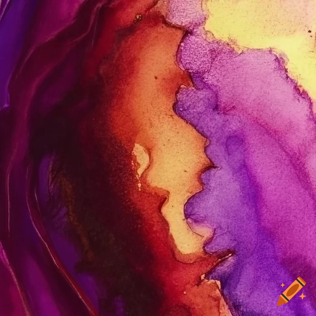 Pen drawing with watercolor in gold, violet, and dark red on Craiyon
