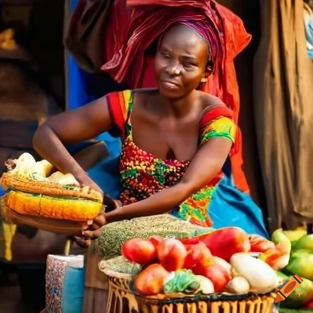 African market woman selling groceries in a vibrant market setting on ...