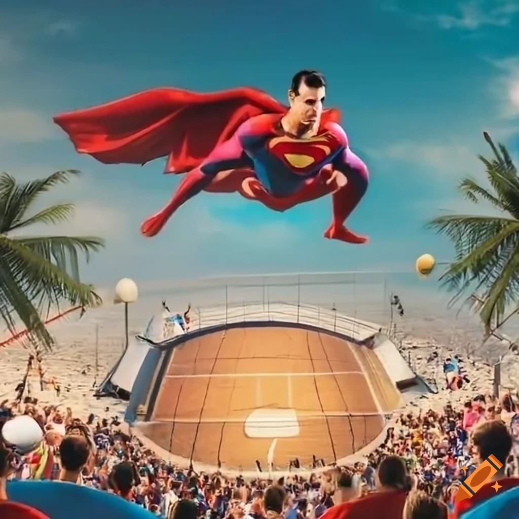 Superman flying with a volleyball near a beach court with palm trees ...