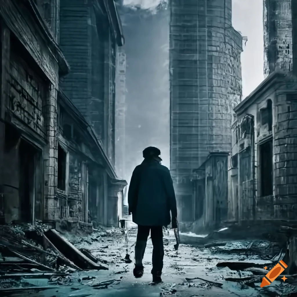 Man walking in abandoned city on Craiyon
