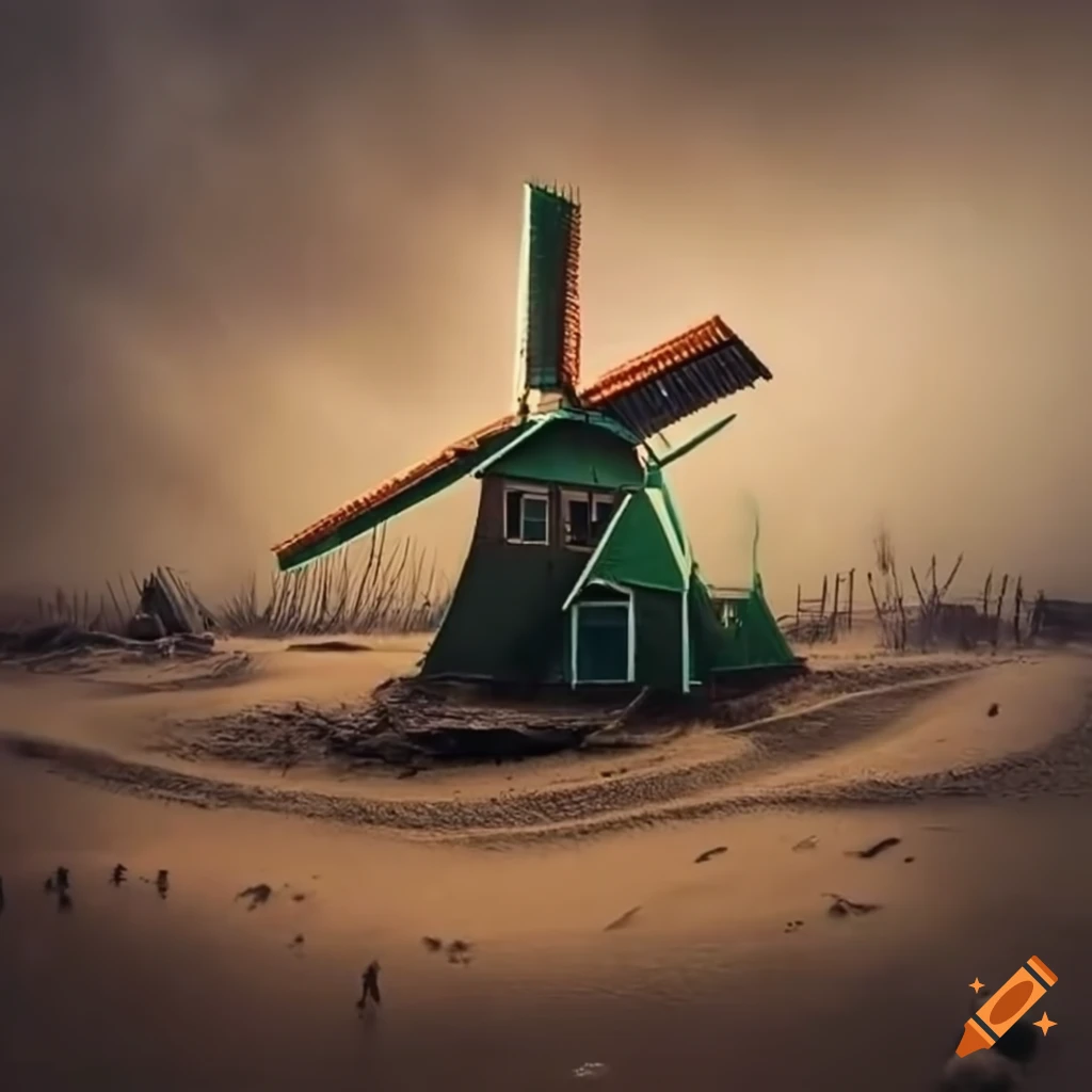 Zaanse schans ruins covered in sand during a post-apocalyptic sandstorm ...