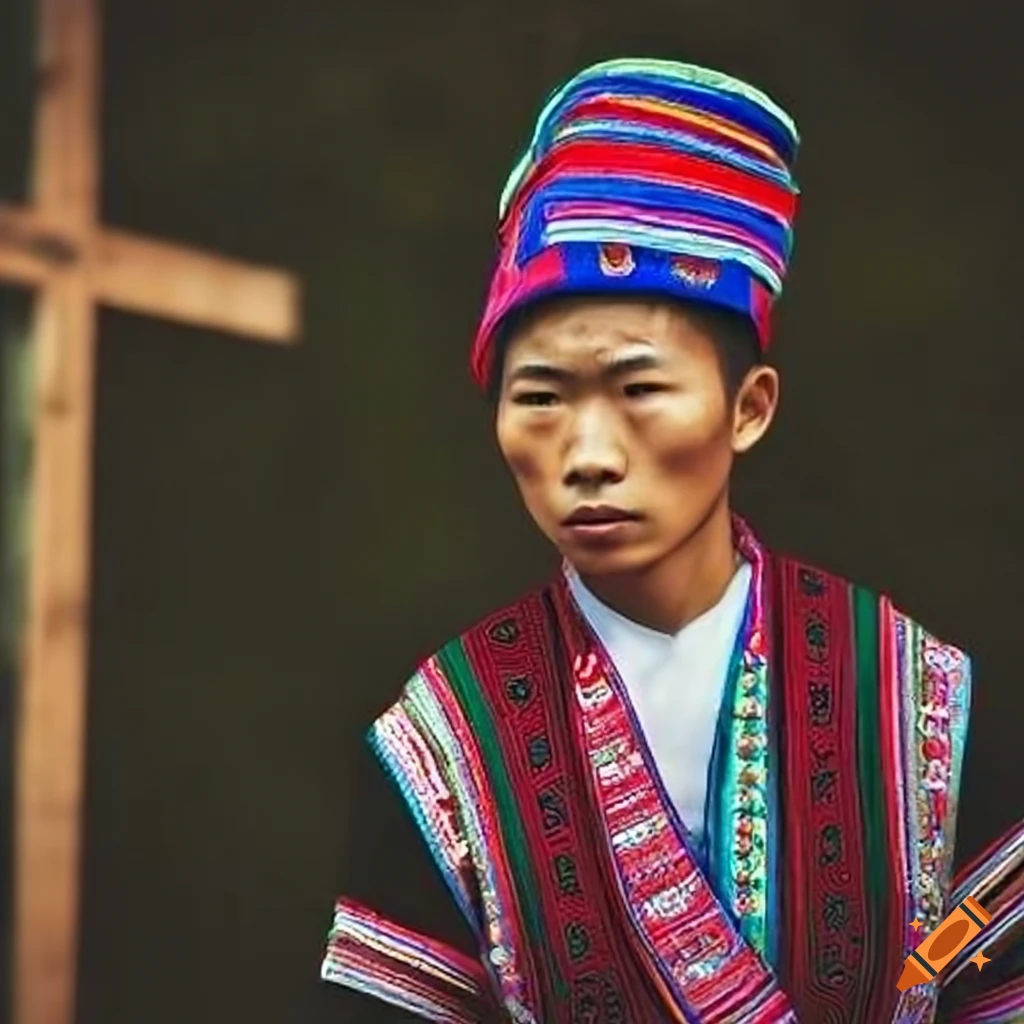 Hmong man standing in front of a christian cross on Craiyon