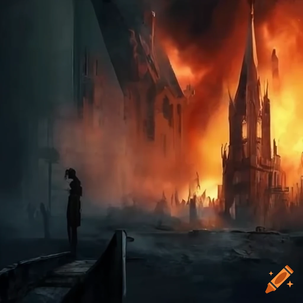 Burning city attacked by devils with a small church used as a shelter ...