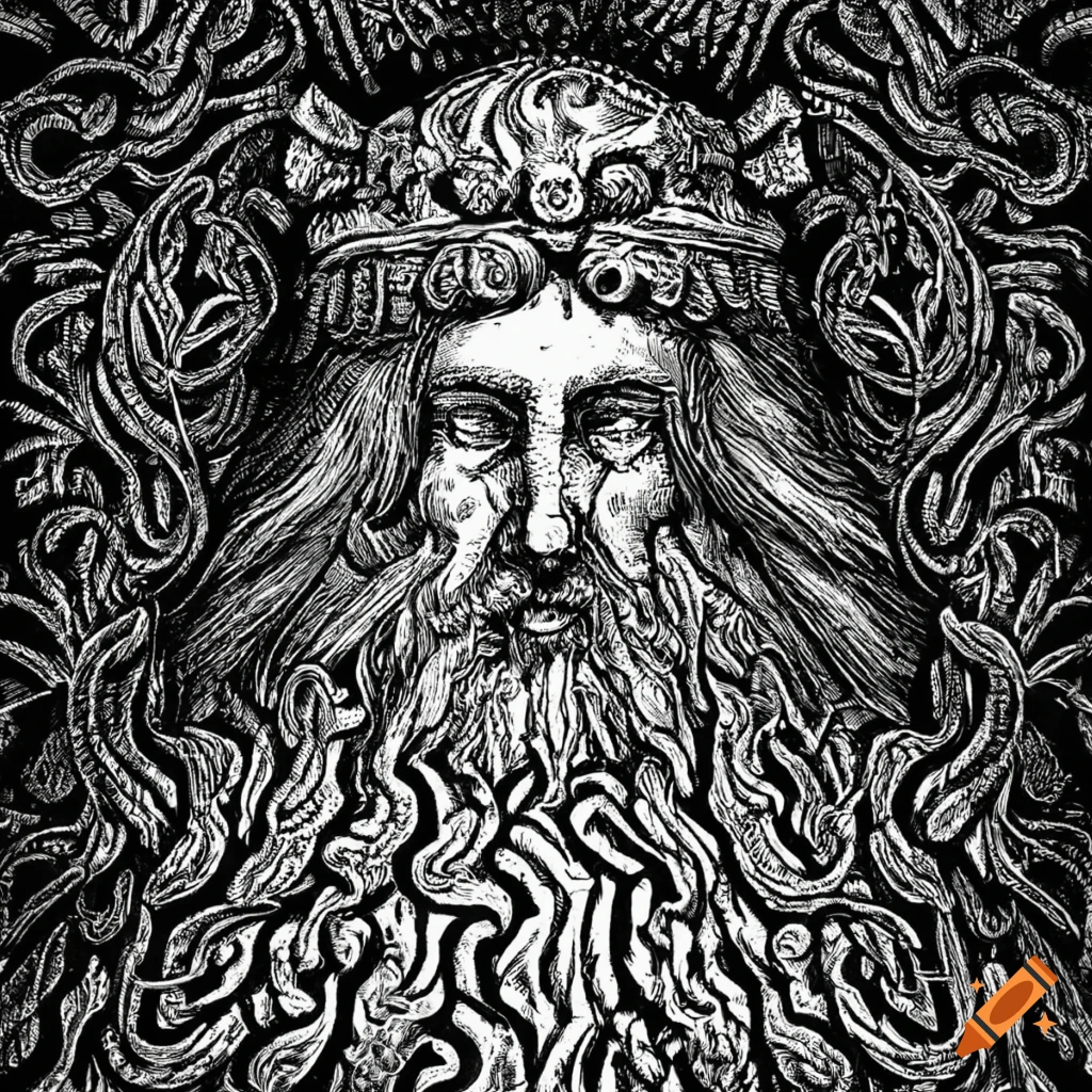 Detailed engraving of an Old Norse Pagan tree god with a leaf crown in ...