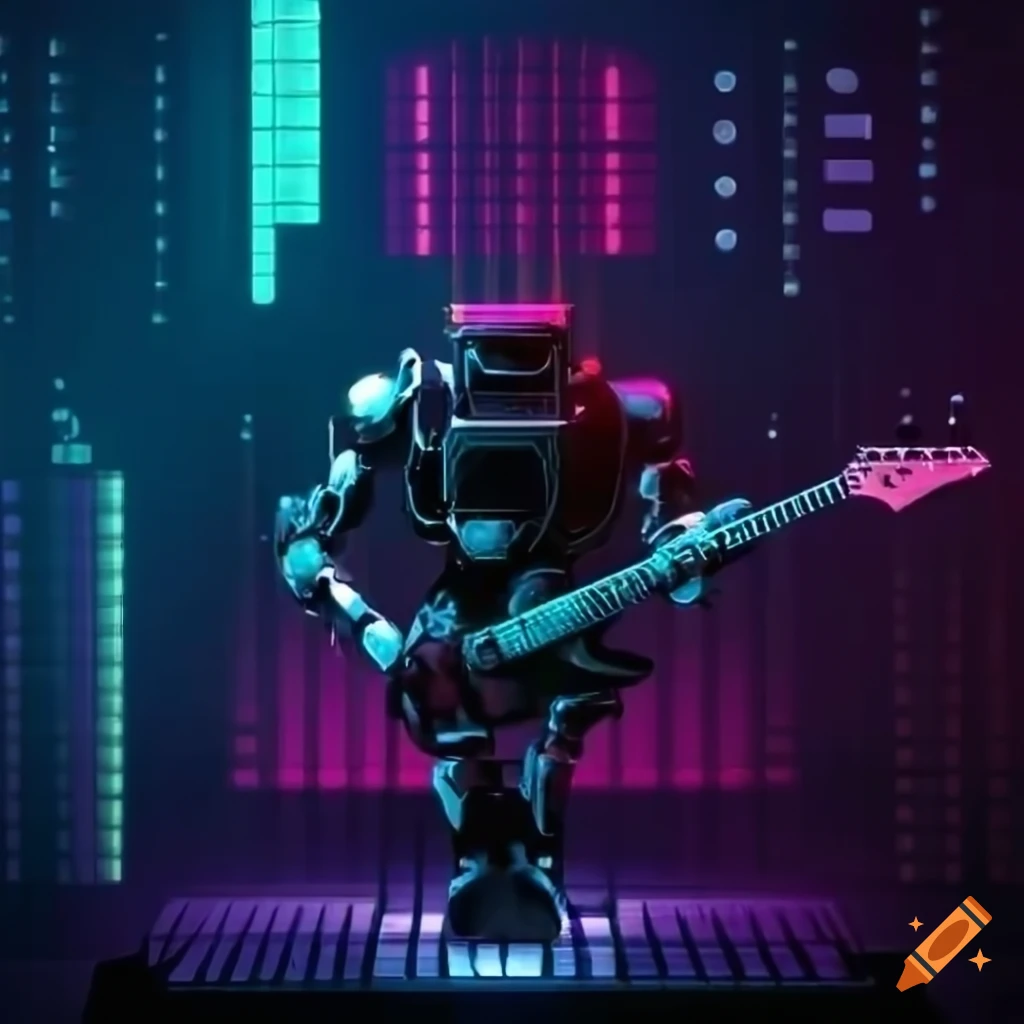 Retrowave black robot mech playing electric guitar in synthwave ...