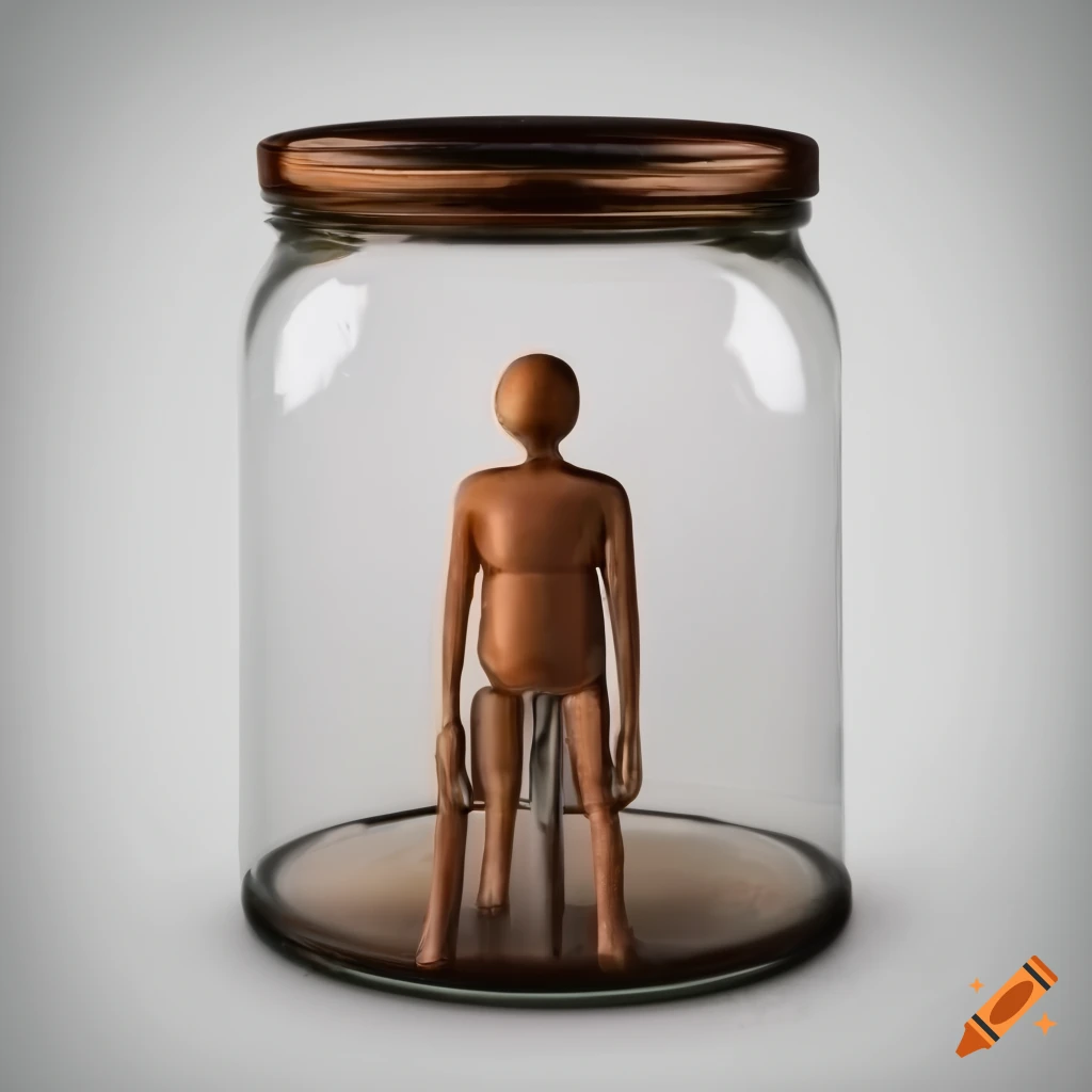 Isolated figure lost in thought inside a bell jar on white background ...