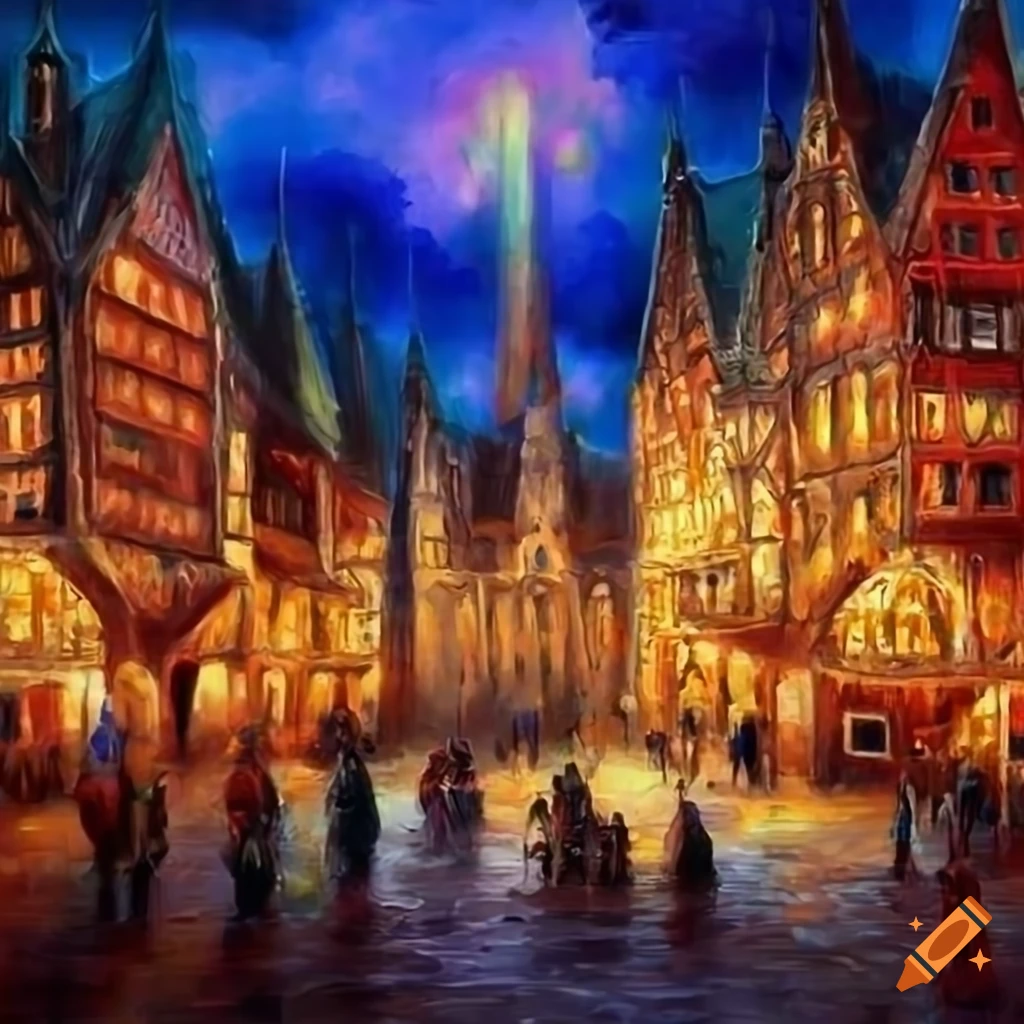 Medieval-style fantasy city market square with fantasy creatures and ...
