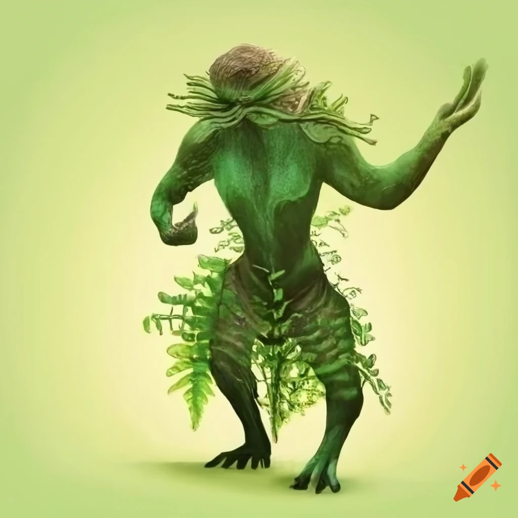 Green half-man half-plant vine fern hybrid in full body on Craiyon