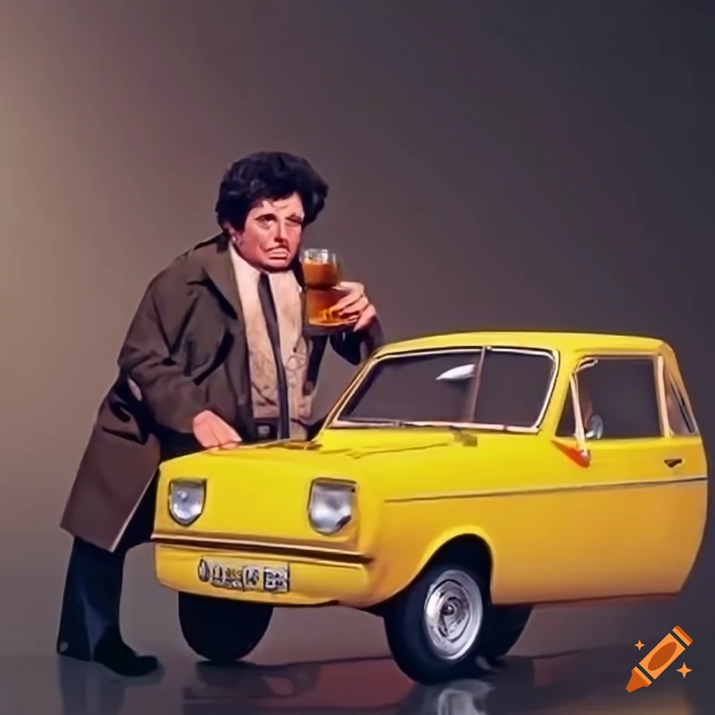 Lieutenant columbo with a yellow reliant robin drinking beer on Craiyon