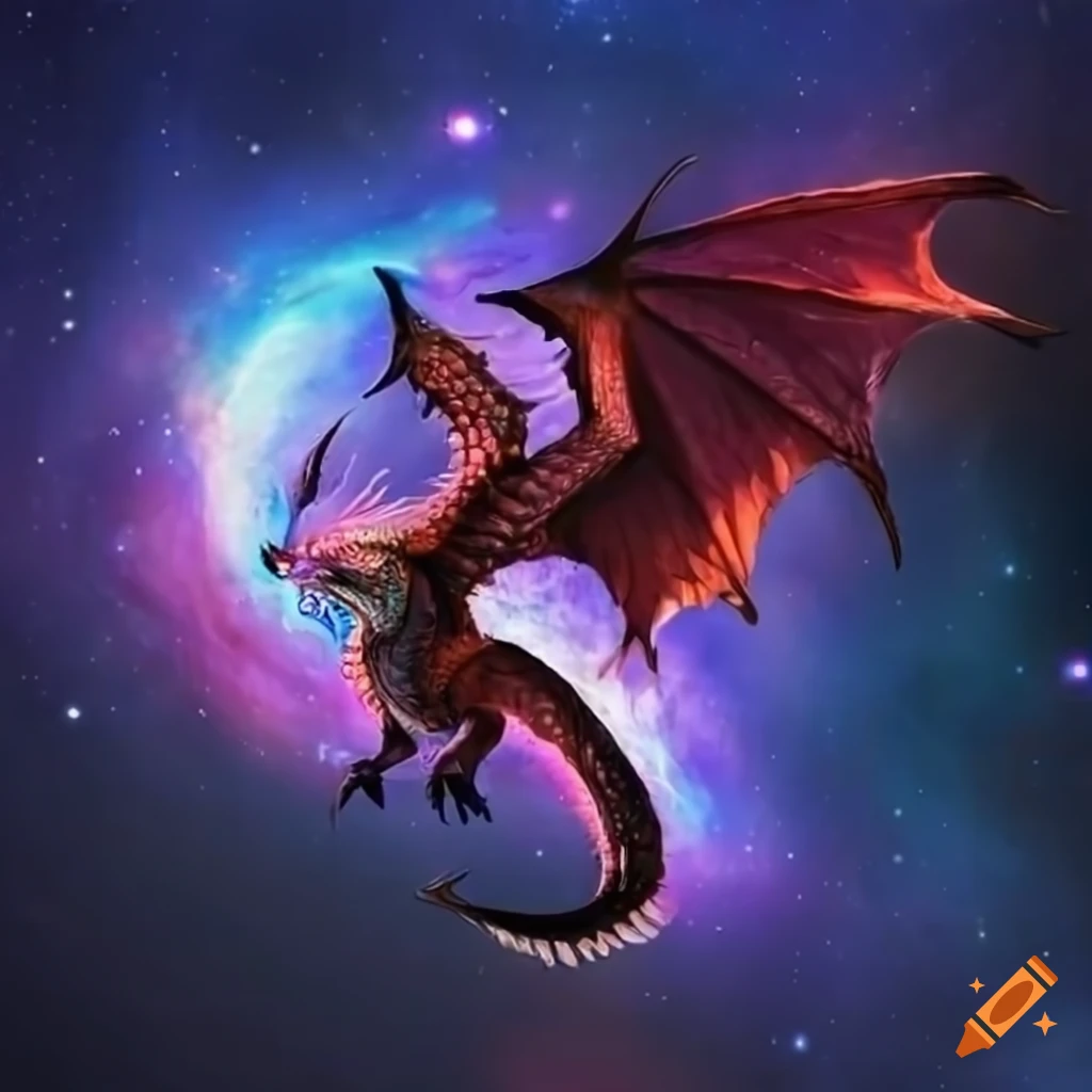 Mystical fox dragon hybrid flying in a galaxy on Craiyon