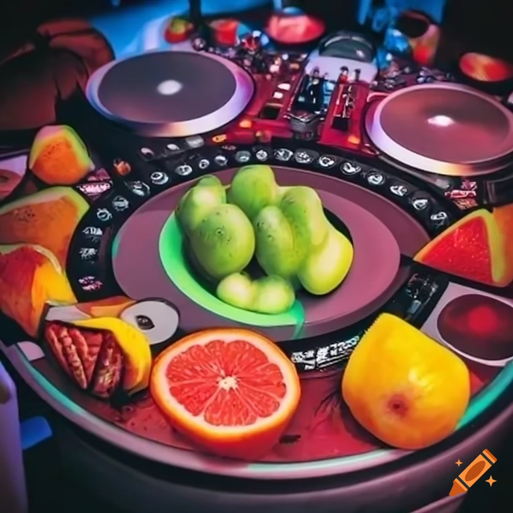 Colorful fruit djing at a party on Craiyon
