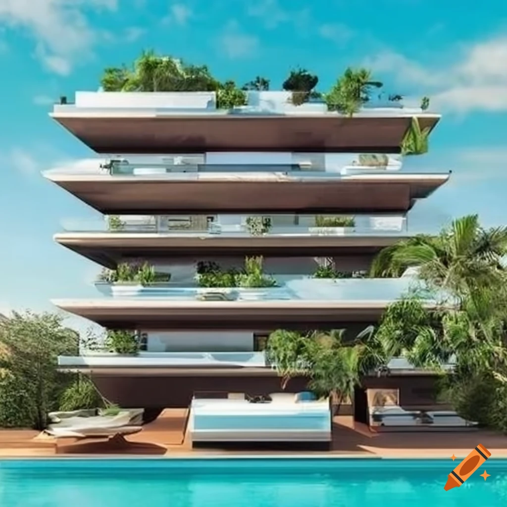 Immeuble moderne avec 6 étages et rooftop, piscine, palmiers et espace ...