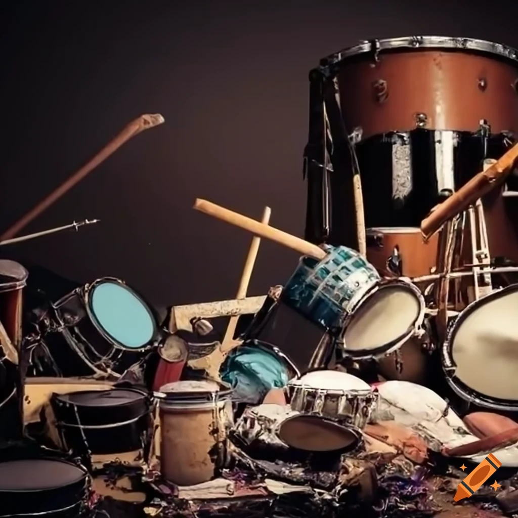 Pile of broken musical instruments including drums and percussion on ...