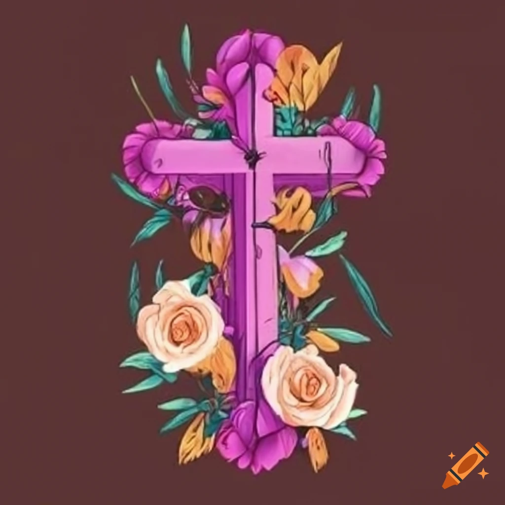 Cross adorned with crocus, lilies, roses, and hyssops on Craiyon