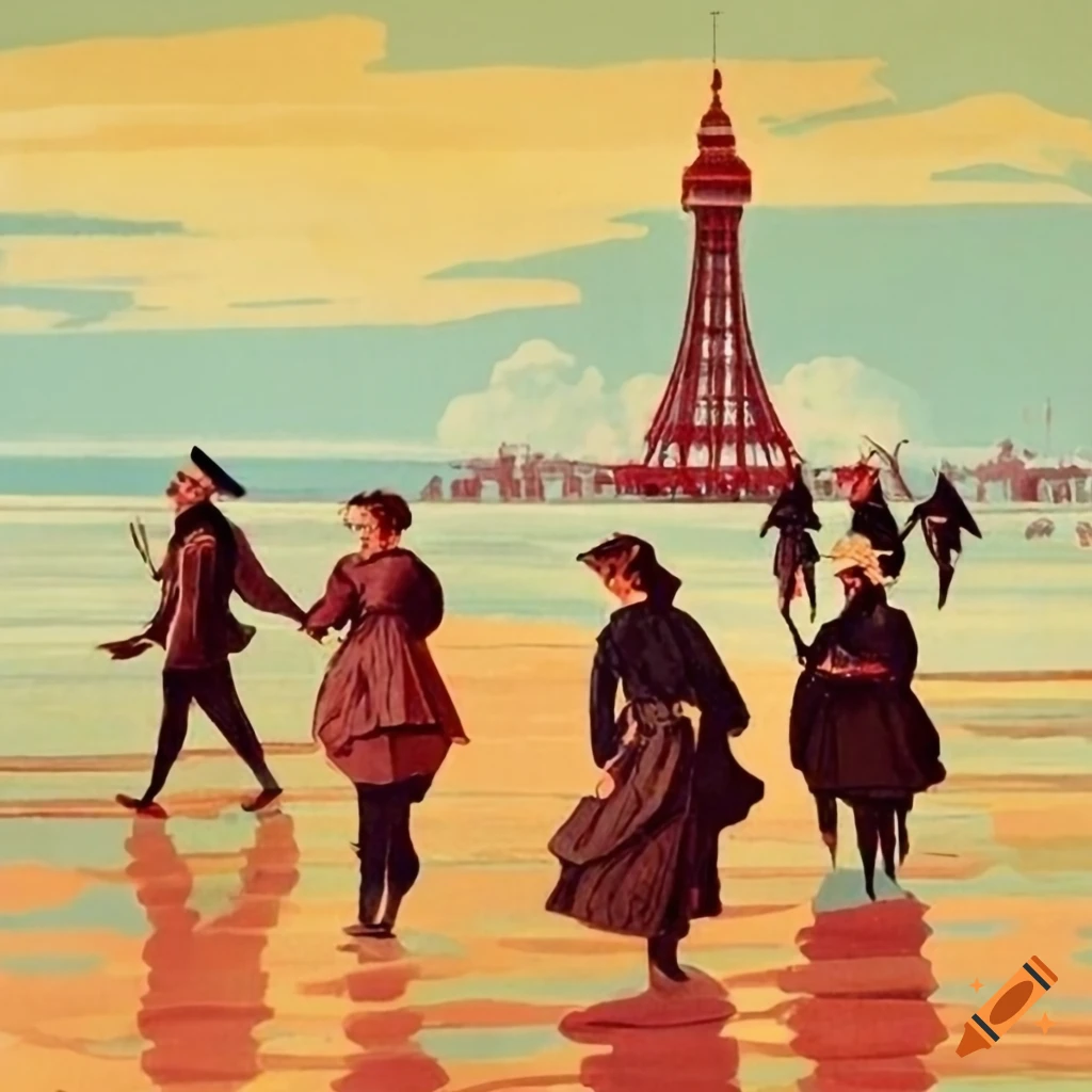 Vintage travel poster of victorian tourists at blackpool by the sea on ...