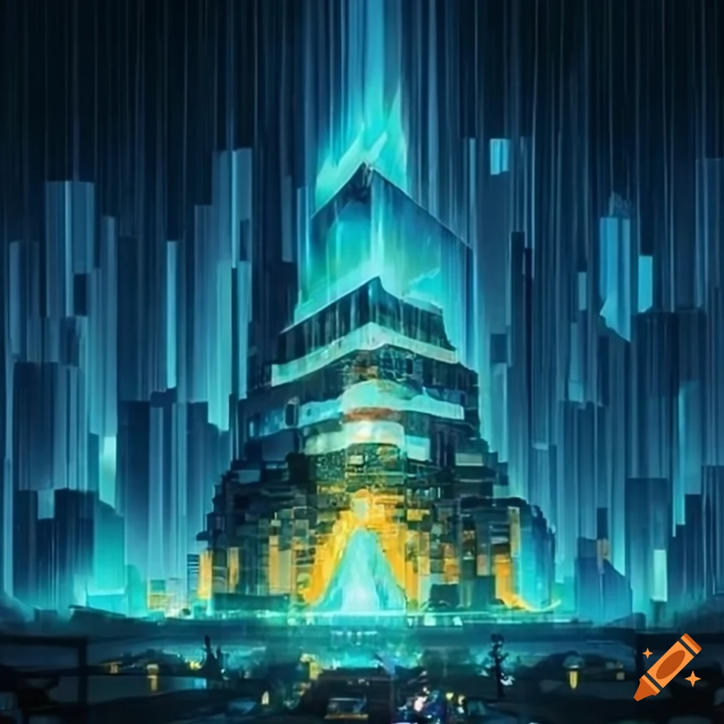 Fantasy crystal city nestled in glass and mountains with prismatic ...