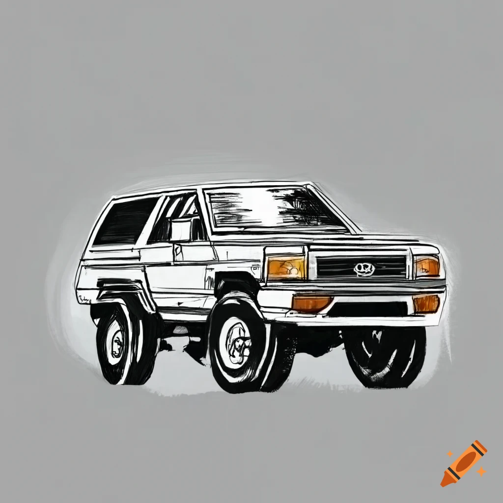 Hand drawn technical drawing of black and white 1985 toyota 4runner on ...